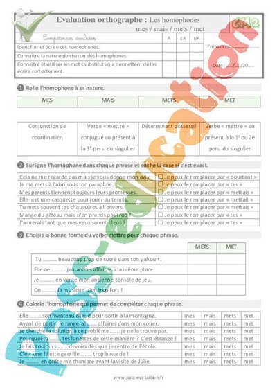 Les homophones : mes / mais / mets / met au CM2 – Evaluation: QCM ...