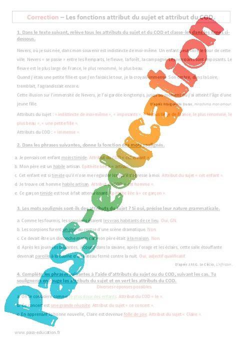 Fonctions attribut du sujet et attribut du COD – 3ème – Evaluation avec ...