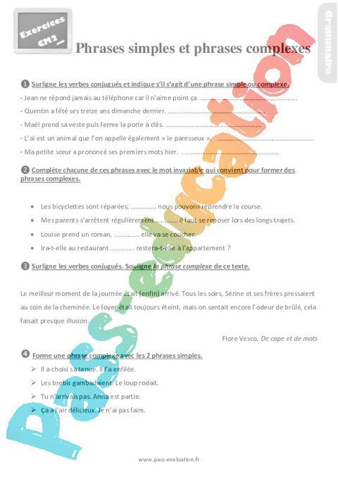 Evaluation avec le corrigé pour le CM2 sur les phrases simples et ...