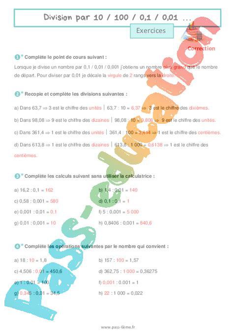 Division par 10 / 100 / 0,1 / 0,01 … – Exercices de nombres et calculs ...