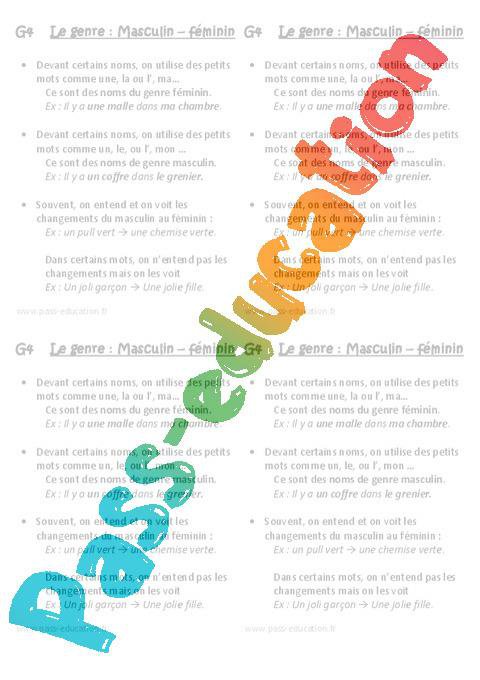 Masculin – Féminin – Le genre – Ce1 – Leçon – PDF à imprimer par Pass ...