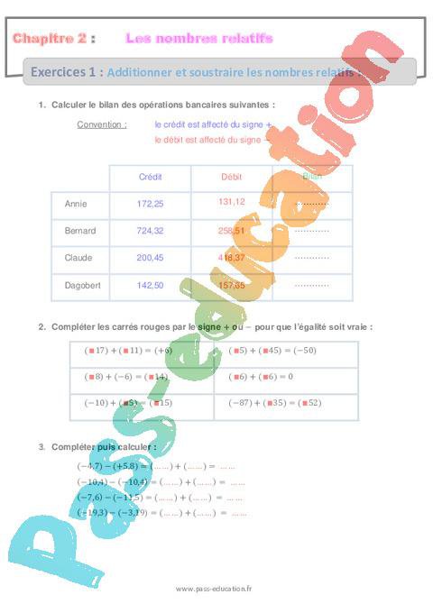 Additionner et soustraire les nombres relatifs – 4ème – Séquence ...