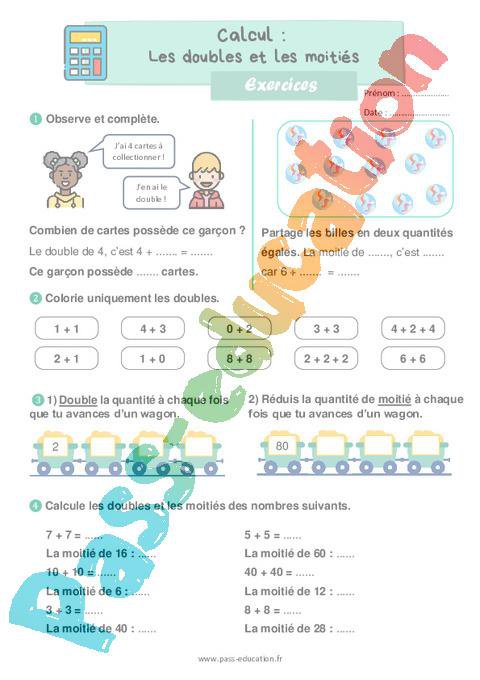 Les doubles et les moitiés au ce1 – Exercices – Cycle 2 – PDF à ...