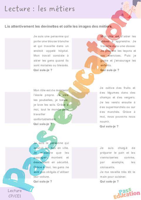 Les métiers – CP – CE1 – Lecture – Cycle 2 – PDF à imprimer par Pass ...