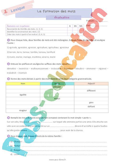 La formation des mots / famille de mots – Evaluation de vocabulaire ...