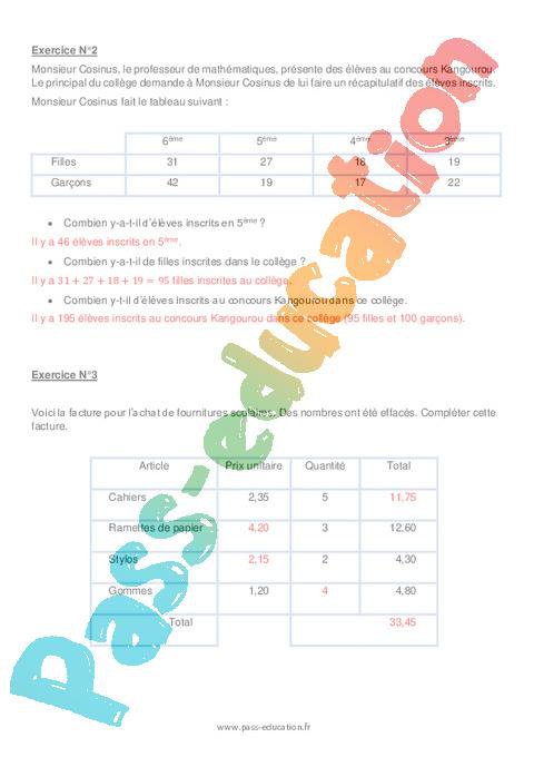 Lire et exploiter un tableau – 6ème – Evaluation, bilan, contrôle avec ...