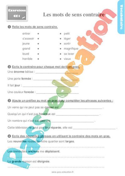 Les mots de sens contraire au Ce1 – Exercices, révisions – PDF à ...