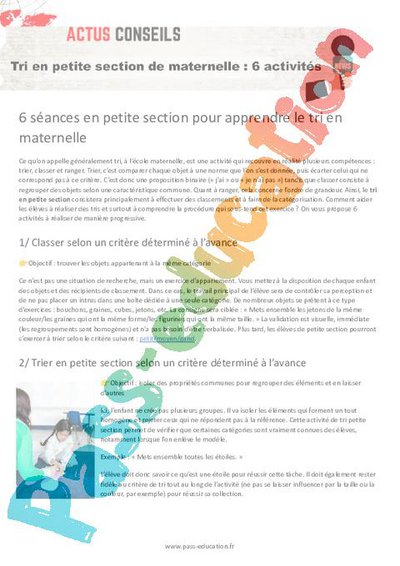 Tri en petite section de maternelle : 6 activités par Pass-education.fr ...