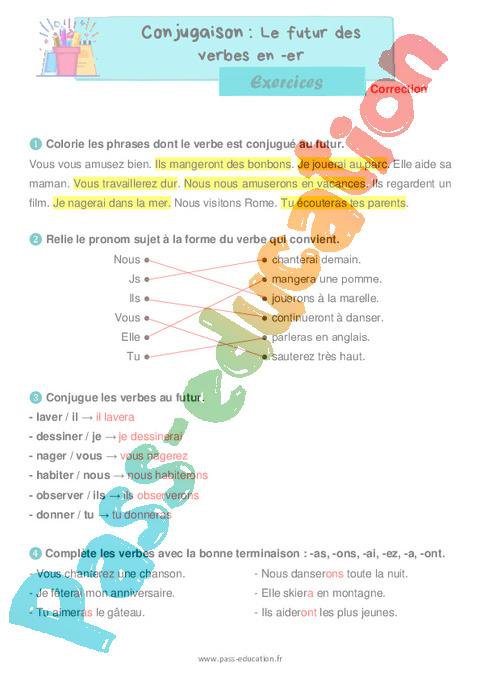 Le futur des verbes en -er – Exercices de conjugaison pour le ce1 – PDF ...