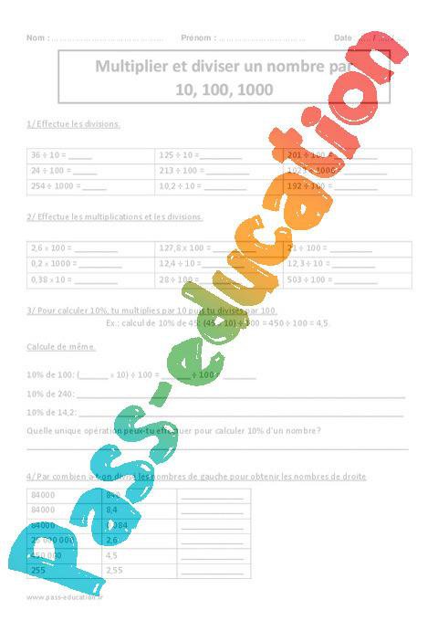 Multiplier – Diviser un nombre par 10, 100, 1000 – Cm2 – Exercices ... Multiplier – Diviser un nombre par 10, 100, 1000 – Cm2 – Exercices ...
