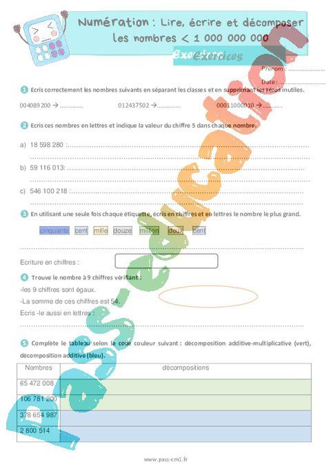 Lire, écrire et décomposer les nombres inférieur à 1 000 000 000 ...