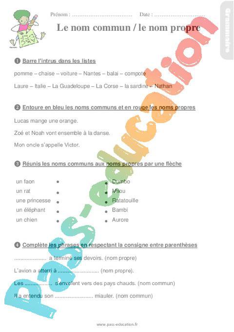 Le nom : nom commun / nom propre – Ce1 – Étude de la langue – Exercices ...