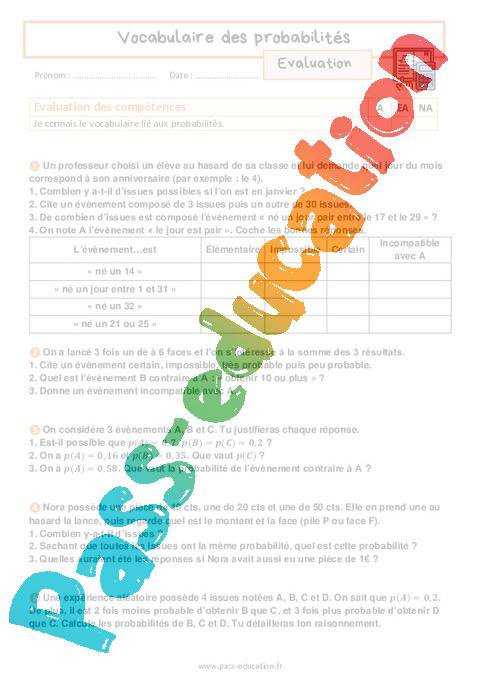 Vocabulaire des probabilités – 3ème – Evaluation avec la correction ...