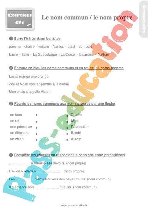 Le nom commun et le nom propre – Ce1 – Exercices, révisions – PDF à ...