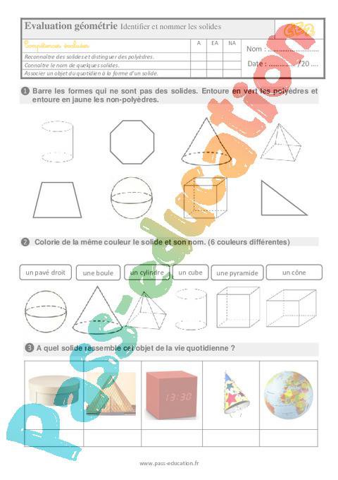 Identifier et nommer quelques solides – Ce2 – Évaluation, bilan – PDF à imprimer par Pass ...
