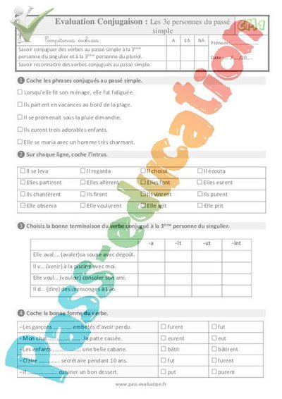 Les 3e personnes du passé simple au Cm1 – Evaluation: QCM – Quiz – PDF ...