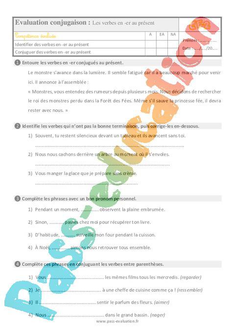 Bilan sur les verbes en -er au présent au Ce2 – Evaluation avec la ...