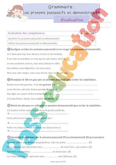 Les pronoms possessifs et démonstratifs – Évaluation de grammaire pour ...