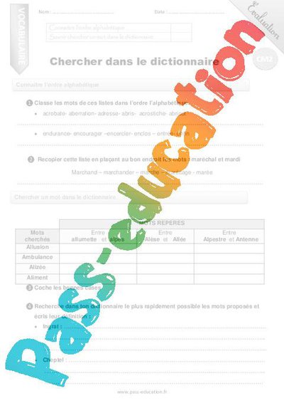 Chercher mot dans le dictionnaire – CM2 – Evaluation – Bilan – Cycle 3 ...