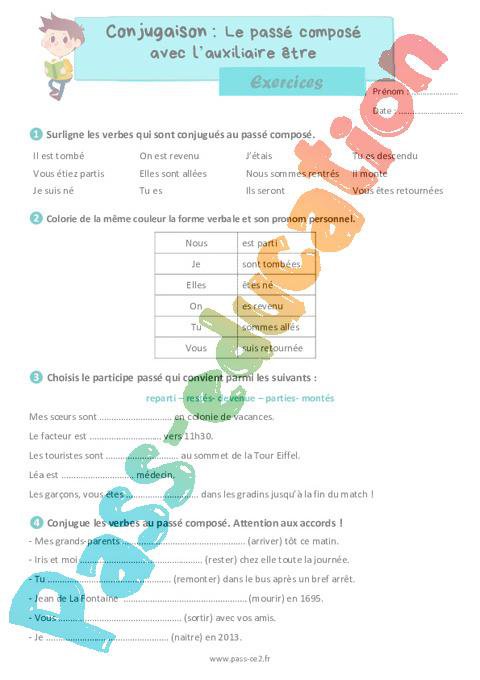 Passé composé avec l’auxiliaire être au Ce2 – Exercices – Cycle 2 – PDF à imprimer par Pass ...