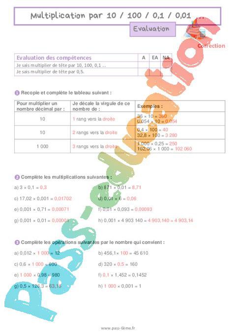 Multiplication par 10 / 100 / 0,1 / 0,01 – Evaluation de nombres et ...