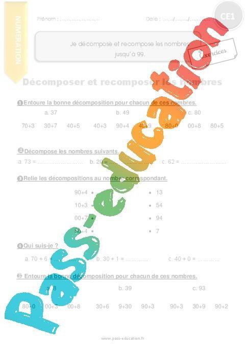 Je décompose et recompose les nombres jusqu’à 99 – CE1 – Exercices à ...