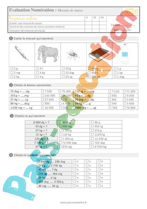 Mesures de masse au Cm1 – Evaluation: QCM – Quiz – PDF à imprimer par ...