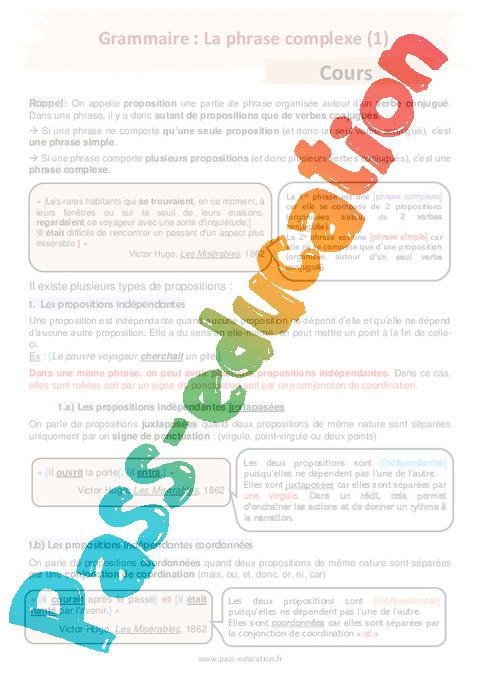 La phrase complexe (1) – 4ème – Cours – Cycle 4 – PDF à imprimer par ...