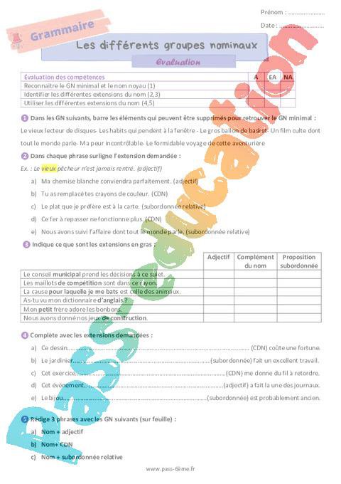 Les différents groupes nominaux – Evaluation de grammaire pour la 6ème ...