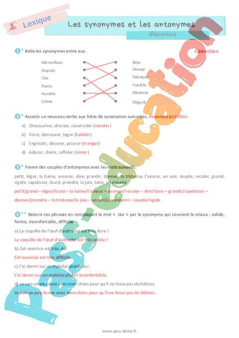 Les synonymes et les antonymes – Exercices de vocabulaire pour la 6ème ...