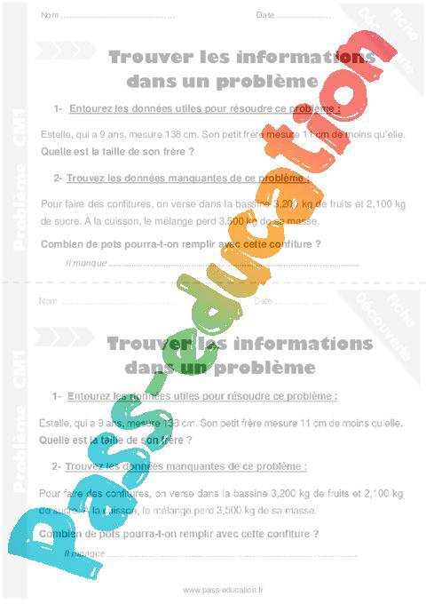 Trouver les informations dans un problème – CM1 – Séquence – Fiche de ...