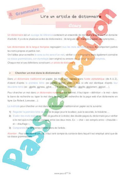 Lire un article de dictionnaire – Cours de vocabulaire pour la 6ème ...
