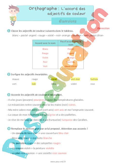 L’accord des adjectifs de couleur – Exercices d’orthographe pour le cm2 ...