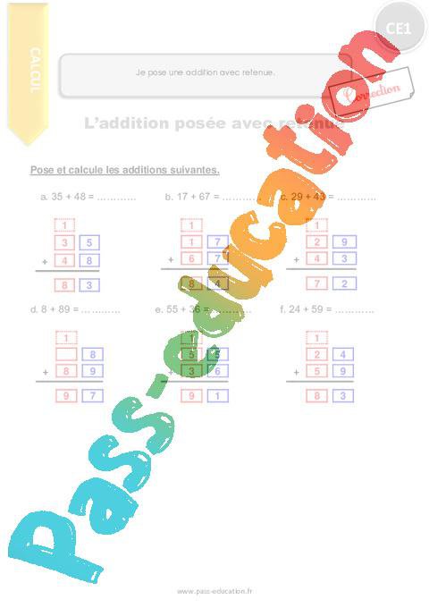 Addition avec retenue – CE1 – Exercices avec corrections – Cycle 2 ...