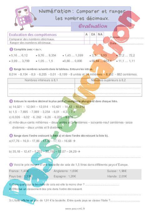Comparer, ranger les nombres décimaux – Evaluation de numération pour ...