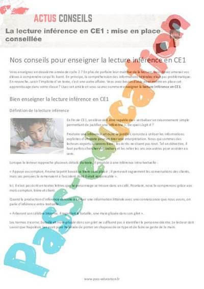 La lecture inférence en CE1 : mise en place conseillée par Pass ...