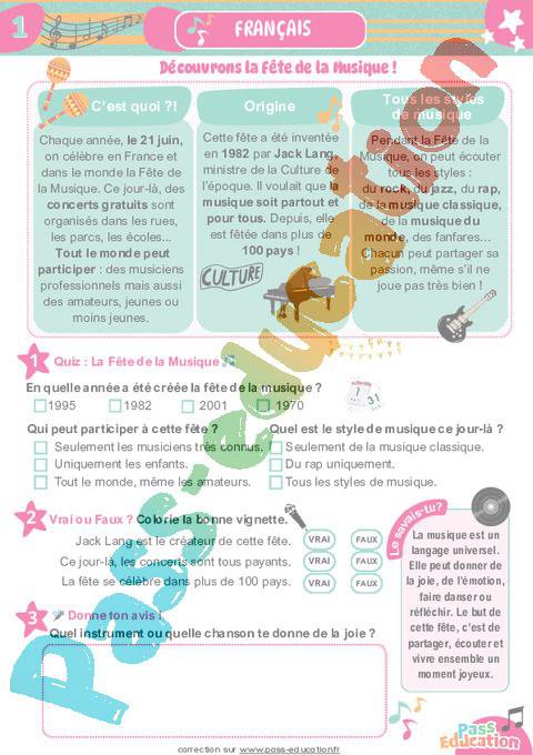 Fête de la musique 21 juin 2025 – CE1 – CE2 – Fichier d’activités ...