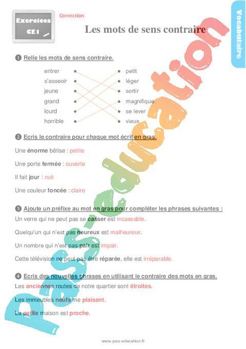 Les mots de sens contraire au Ce1 – Exercices, révisions – PDF à ...