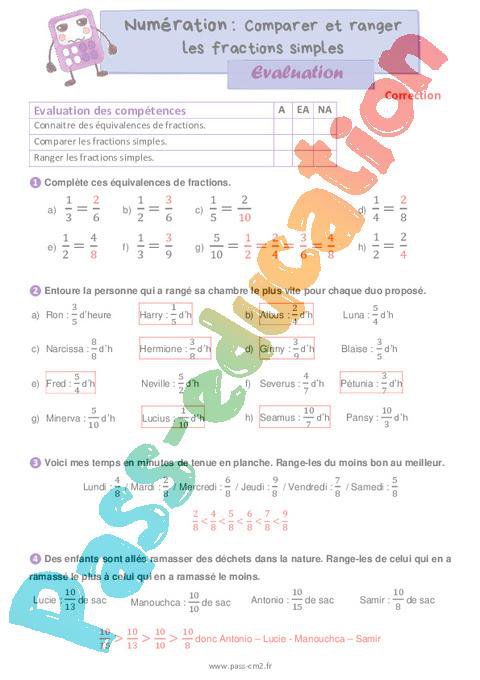 Comparer et ranger les fractions simples – Évaluation de numération ...
