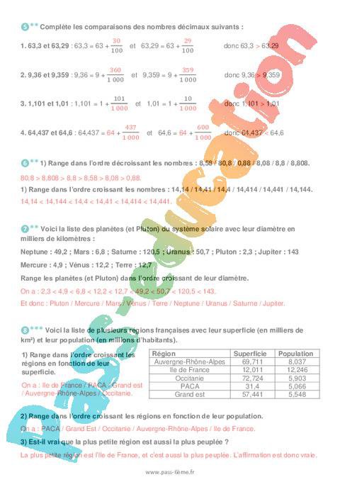Comparer des nombres décimaux – Exercices de nombres et calculs pour la ...