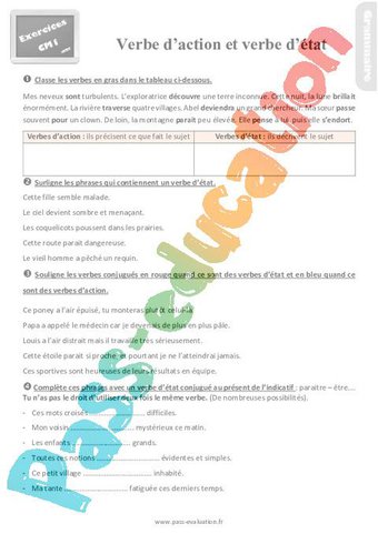 Evaluation avec le corrigé pour le Cm1 sur le verbe d’action et verbe d ...