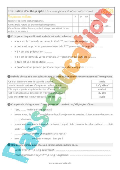 Bilan sur les homophones grammaticaux : « a/as/à » – « on/on n’/ ont » au CM2 – Evaluation avec ...