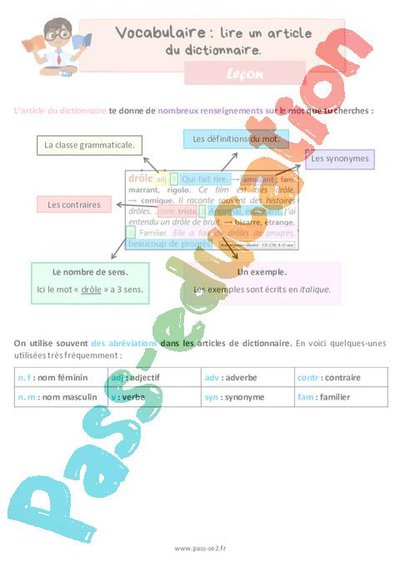 Lire un article de dictionnaire – Leçon de vocabulaire pour le ce2 ...