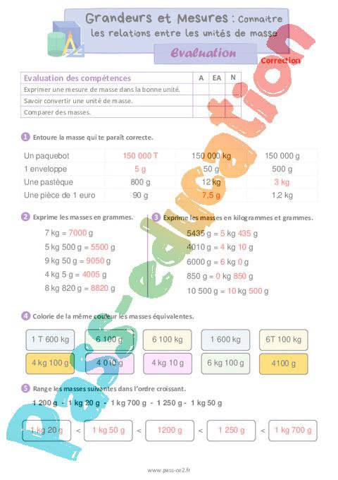 Connaitre les relations entre les unités de masse – Évaluation de ...
