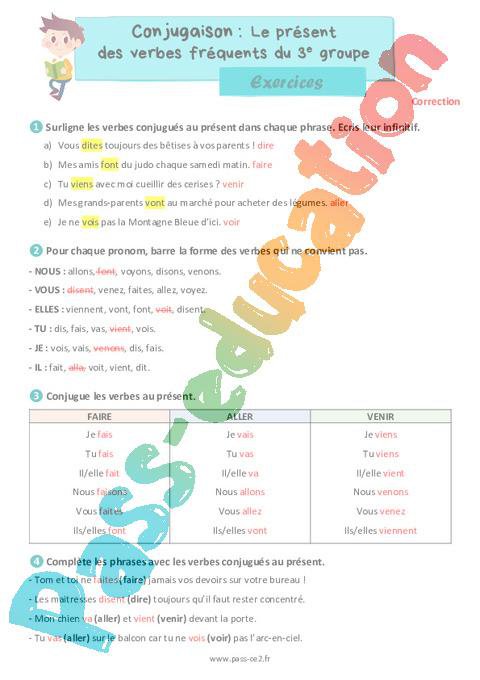 Le présent des verbes fréquents du 3e groupe – Exercices de conjugaison ...