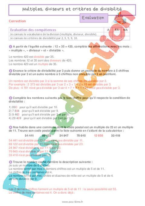 Multiples, diviseurs et critères de divisibilité – Évaluation de 6ème ...