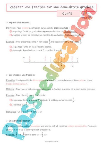 Repérer une fraction sur une droite graduée – Cours de 6ème – PDF à ...