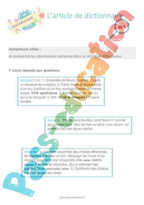Article de dictionnaire – Ce2 – Séance découverte à manipuler – PDF à ...