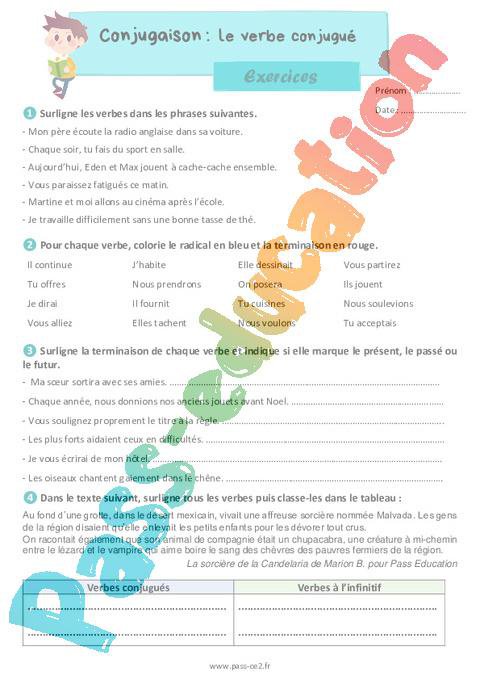 Le verbe conjugué – Exercices de conjugaison pour le ce2 – PDF à ...