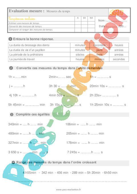Mesures du temps au CM1 – Evaluation et bilan avec la correction – PDF ...